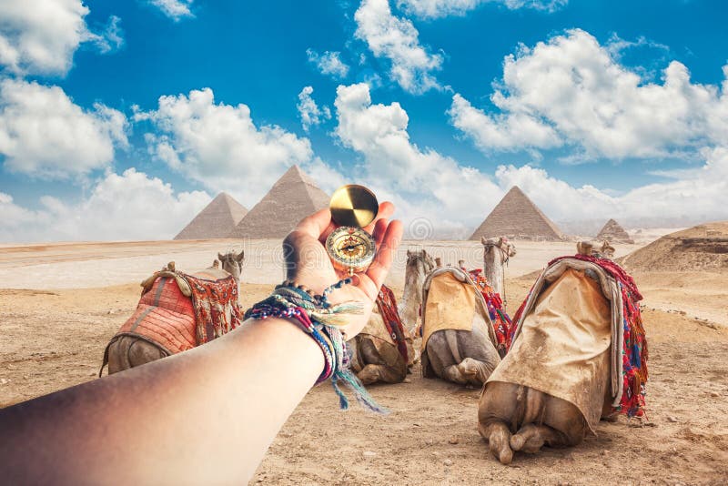 Pyramids and Compass on Yellow Background Stock Image - Image of ...