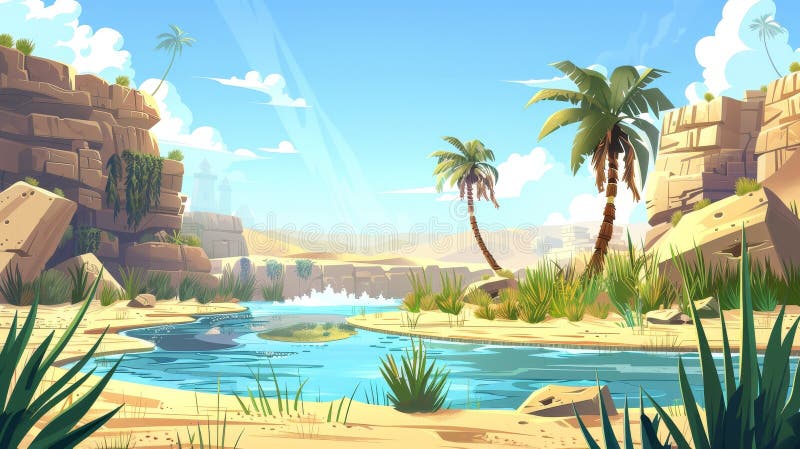 Egypt Desert with Nile River and Palm Tree. Game Landscape Scene with ...