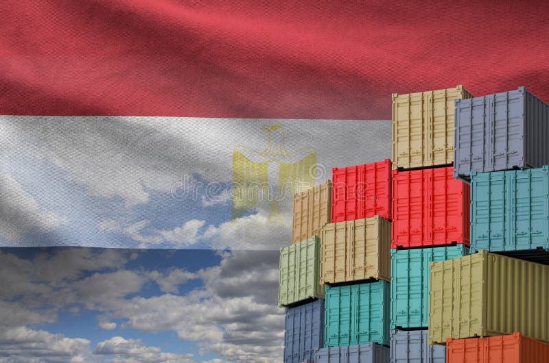Egypt Flag Big Stack Shipping Cargo Containers Docks Sky Background ...