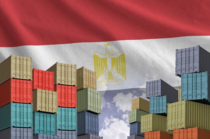 Egypt Flag Big Stack Shipping Cargo Containers Docks Sky Background ...