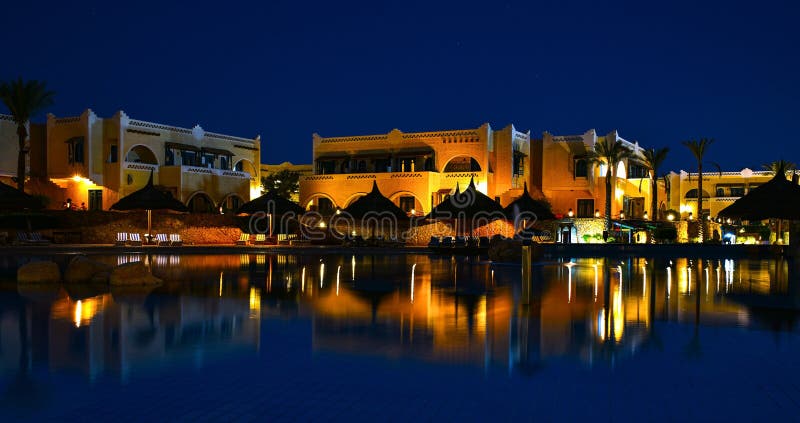Egypt Hotel Pool Reflection at Night Stock Image - Image of luxury ...