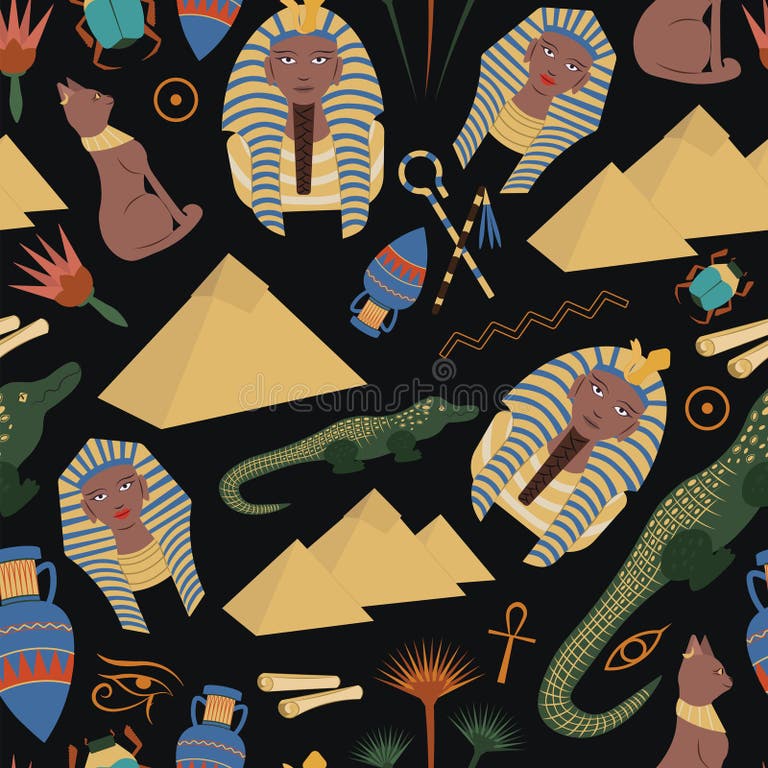 Pattern with Ancient Egyptian Attributes on Black Stock Vector ...