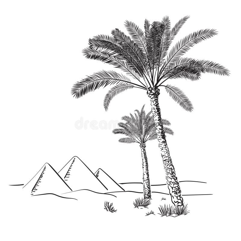 Egypt Pyramids and Palm Trees in the Desert. Hand Drawn Vector ...