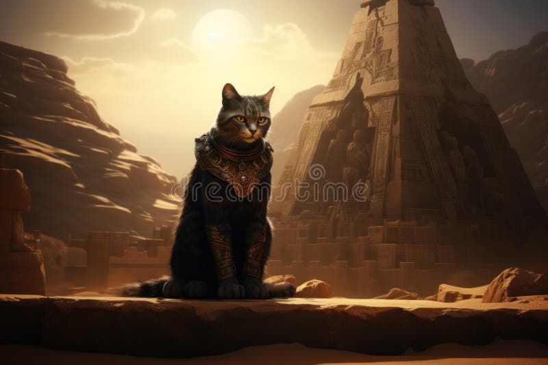 An Egyptian Cat Sits in Front of a Pyramid, AI Stock Image - Image of ...
