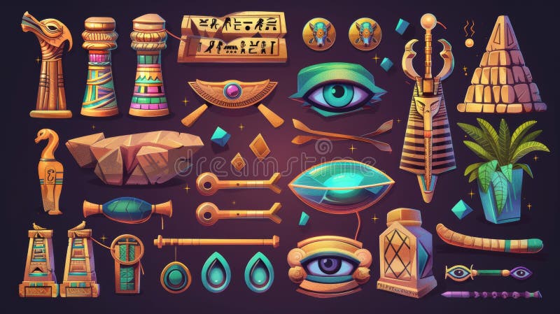 The Egyptian Game User Interface Elements and Buttons Include a Scarab ...