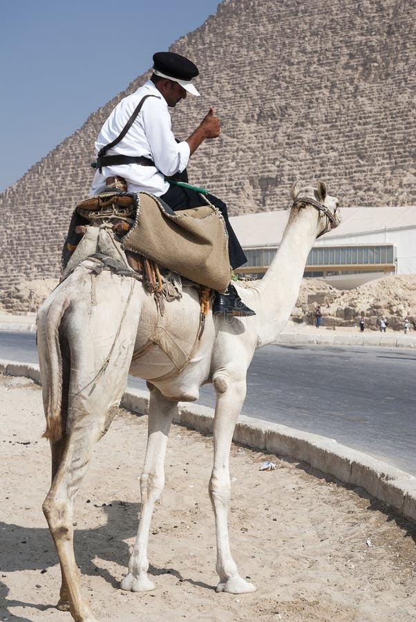 Egyptian Policeman on Camel Guards the Pyramid in Giza Egypt Editorial ...