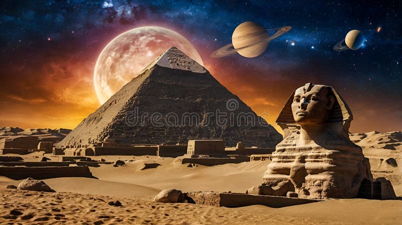 Egyptian Pyramid and Sphinx with Planets in the Sky Stock Image - Image of planets, sphinx ...