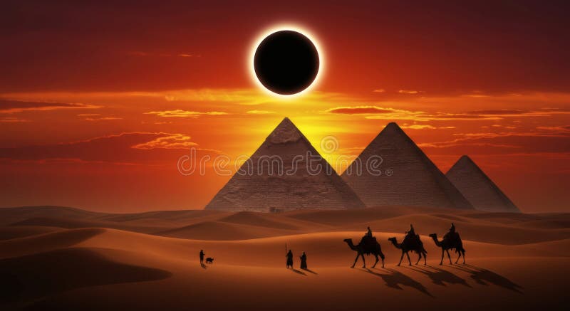 Egyptian Pyramids with Camel Caravan and Solar Eclipse at Sunset Stock ...