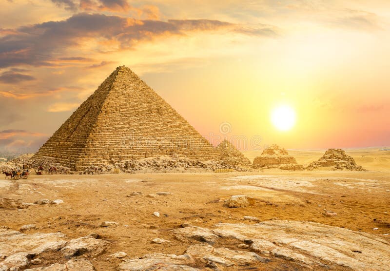 Egyptian Pyramids in Desert Stock Photo - Image of camel, giza: 162198936