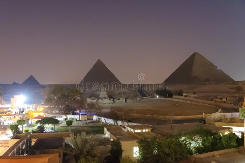 Egyptian Pyramids and Sphinx Panorama at Night Stock Photo - Image of ...