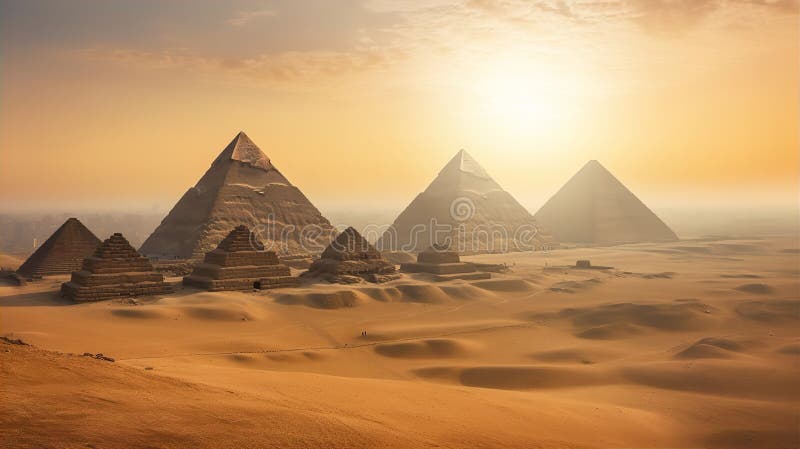 Egyptian Pyramids at Sunset and Dramatic Sky Stock Illustration ...