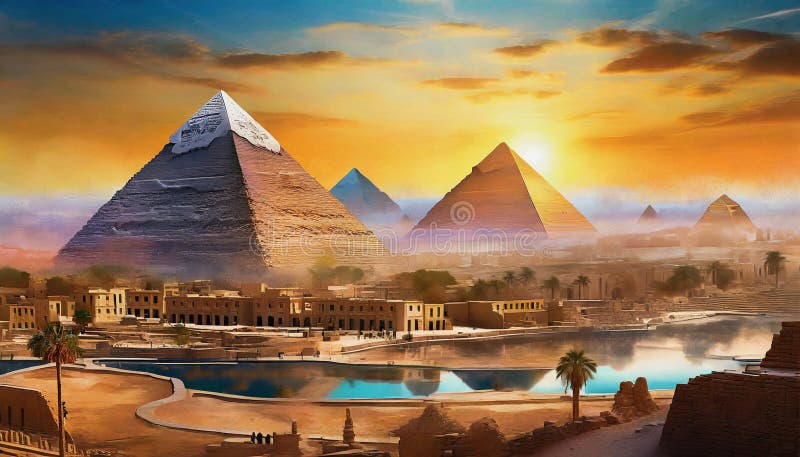 Egyptian Pyramids at Sunset Stock Illustration - Illustration of temple ...