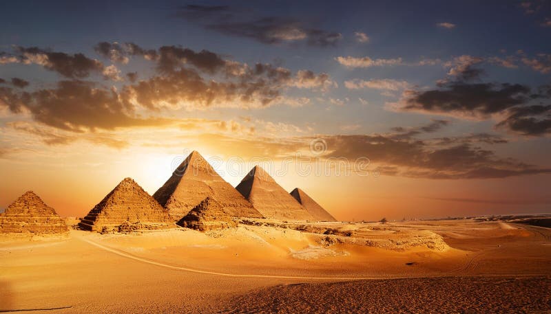 Egyptian Pyramids with Sunset Stock Illustration - Illustration of giza ...