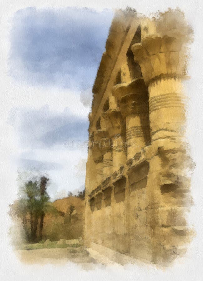 Egyptian Temple, Aquarelle Drawing. Stock Illustration - Illustration ...