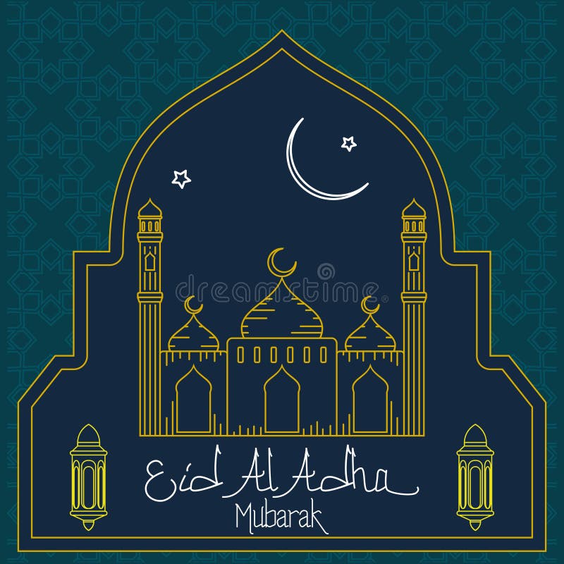 Eid Adha Outline Mosque and Lanterns Vector Illustration Stock Vector ...