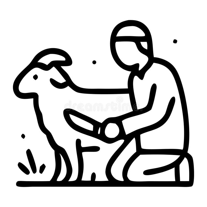 A Line Drawing Depicts a Man Kneeling, Preparing To Slaughter a Sheep ...