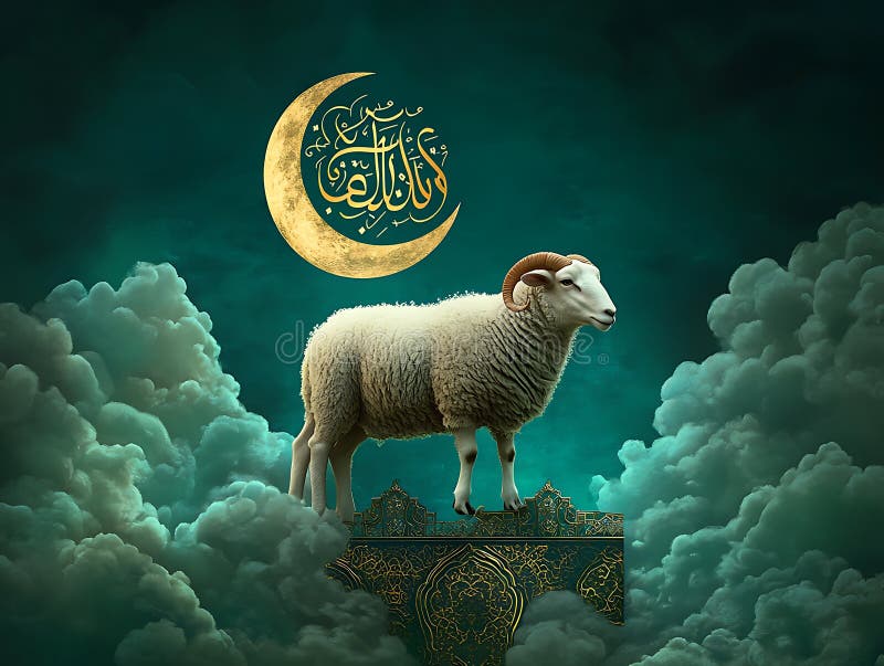 Eid Al-Adha Celebration with a Ram and Crescent Moon Stock Illustration ...