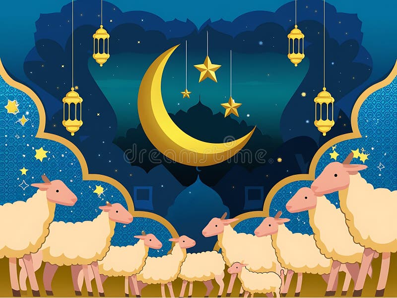 Eid Al-Adha Festive with Sheep, Moon, and Golden Decorations Stock ...