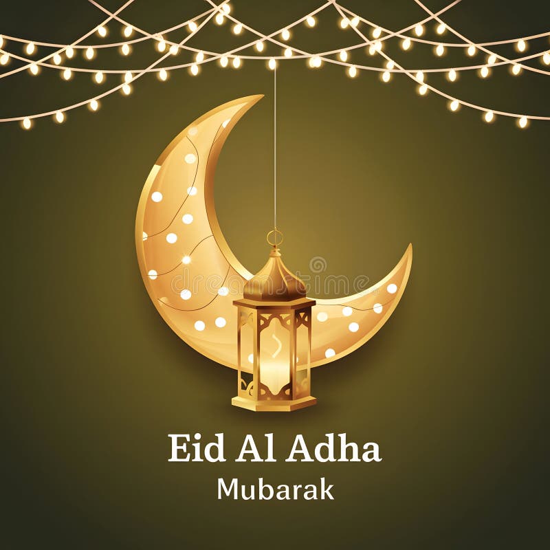 Eid Al Adha Setting with Crescent Moon, Lantern, String Lights, and ...
