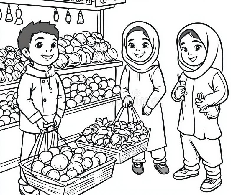 A Eid Bazaar Filled with Festive Activities, Coloring Page for Kids ...