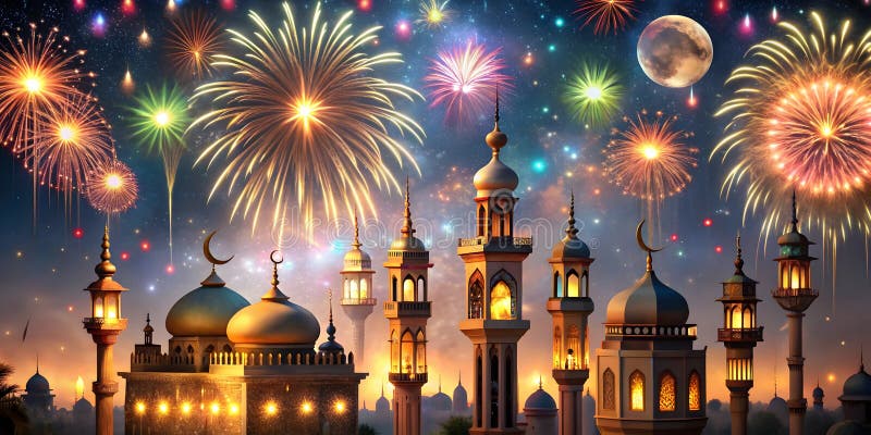 Eid Celebration with Glowing Fireworks and Festive Decorations Stock ...
