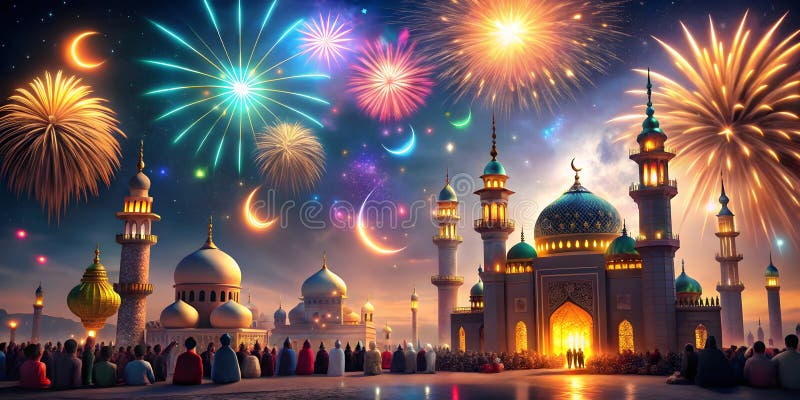 Eid Celebration with Glowing Fireworks and Festive Decorations Stock ...