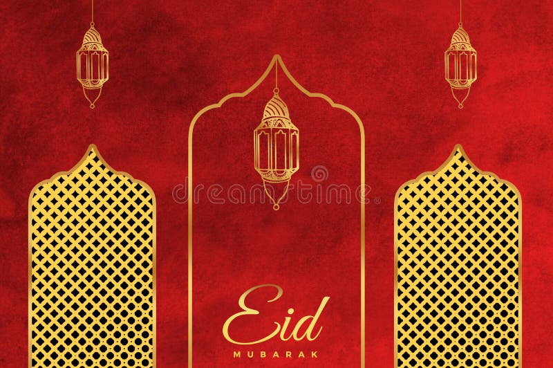 Eid Mubarak Beautiful Red Texture Design with Mosque Icons and Hanging ...