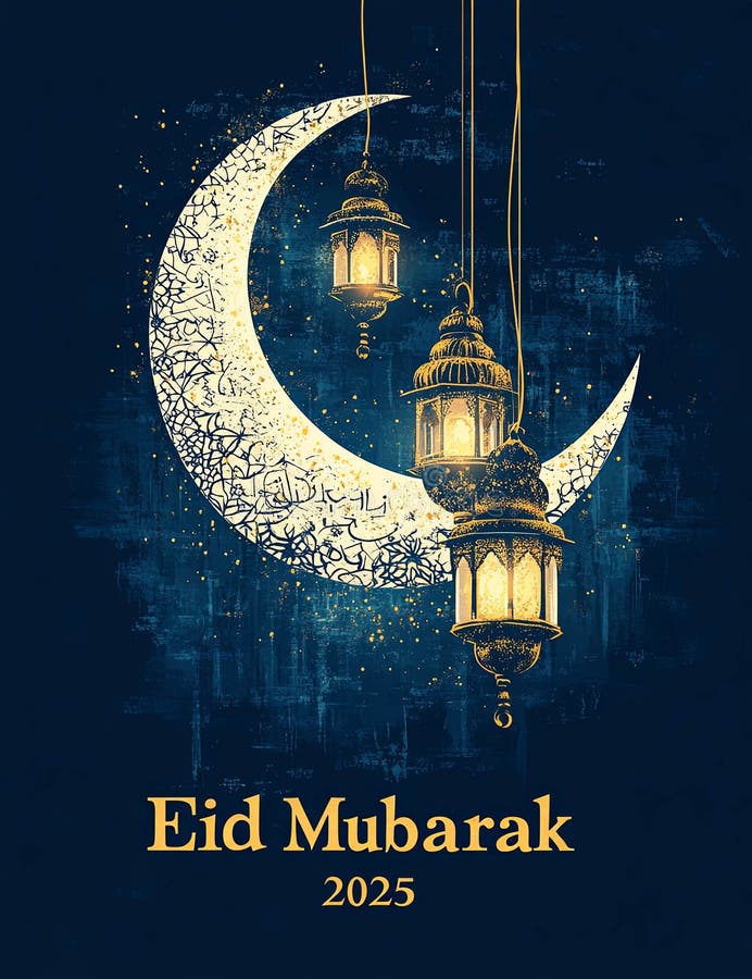 Eid Mubarak Celebration with Crescent Moon and Lanterns Illuminating ...