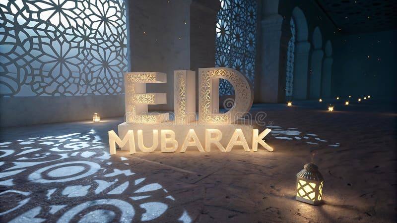 Glowing Eid Mubarak Letters in a Mosque with Ornate Windows and ...