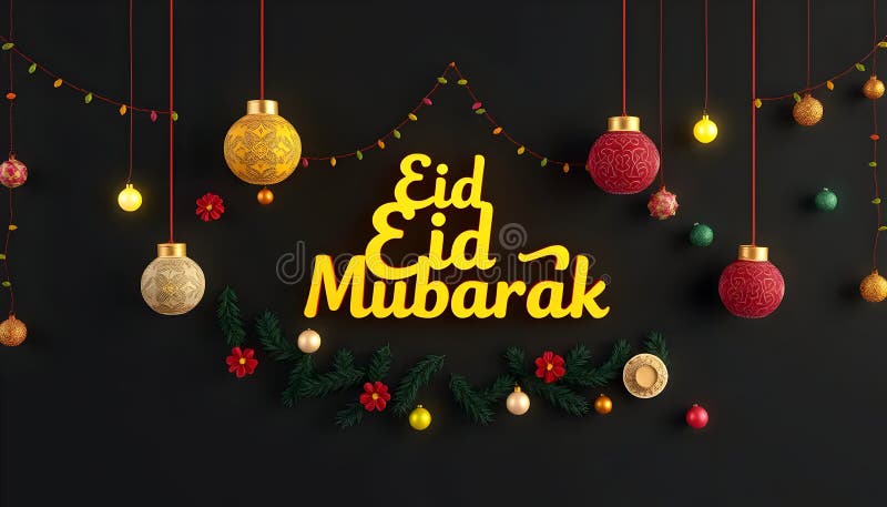Eid Mubarak Festive Decorations with Hanging Lights and Ornaments on ...