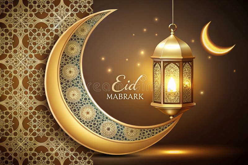 Eid Mubarak Greeting with Crescent Moon, Lantern, and Islamic Pattern ...