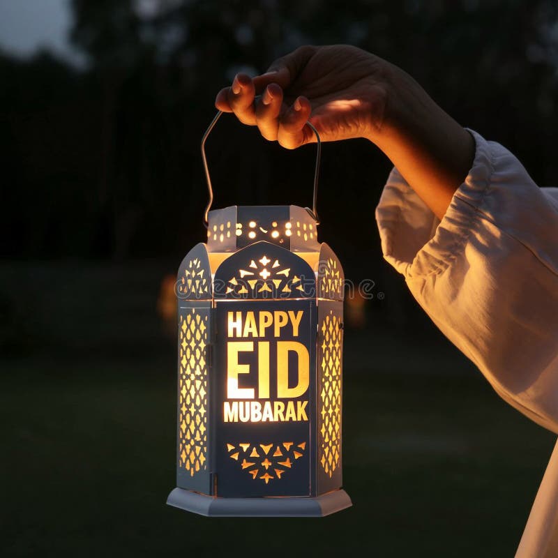 Eid Mubarak Lantern Glowing in Hand at Night Stock Illustration ...