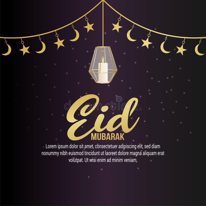 Eid Mubarak Vector Illustration with Golden Text and Realistic Lantern ...