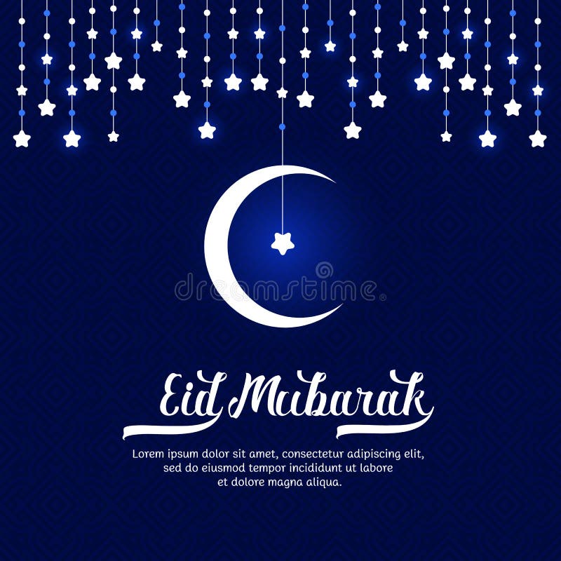 Eid Mubarak Wiith Moon and Hanging Star on Dark Blue Pattern Background Vector Design Stock ...