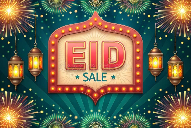 Eid Sale Banner with Fireworks and Lanterns Stock Illustration ...