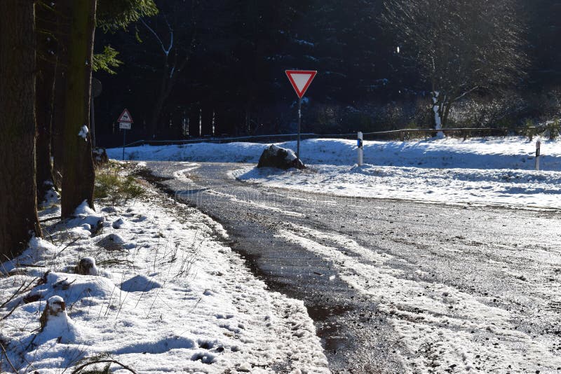 Road Intersection with Winter Snow Stock Photo - Image of water, road ...