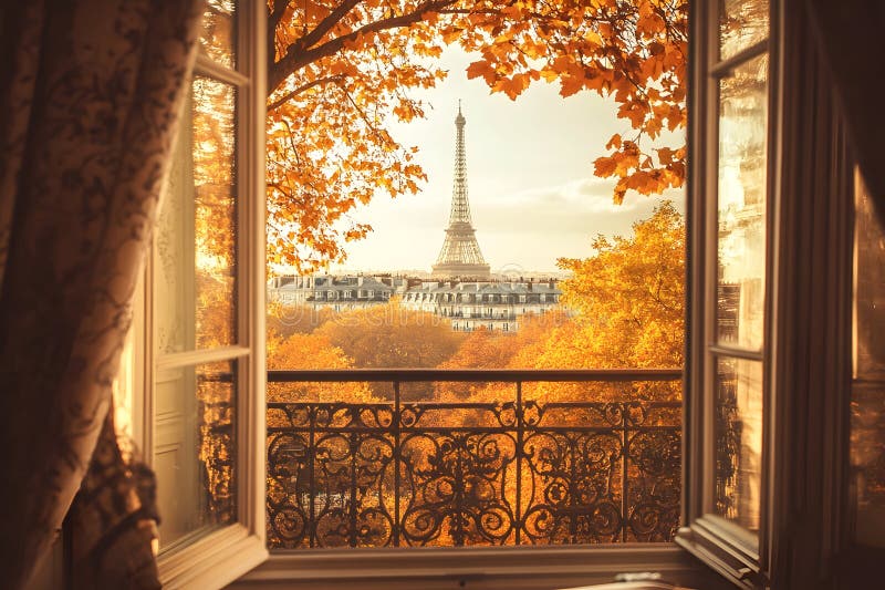 Eiffel Tower in Autumn from Elegant Window View in Paris Stock Illustration - Illustration of ...