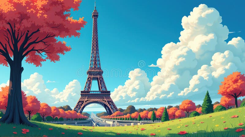 Eiffel Tower with Autumn Trees and Clouds. Stock Illustration ... Eiffel Tower with Autumn Trees and Clouds. Stock Illustration ...