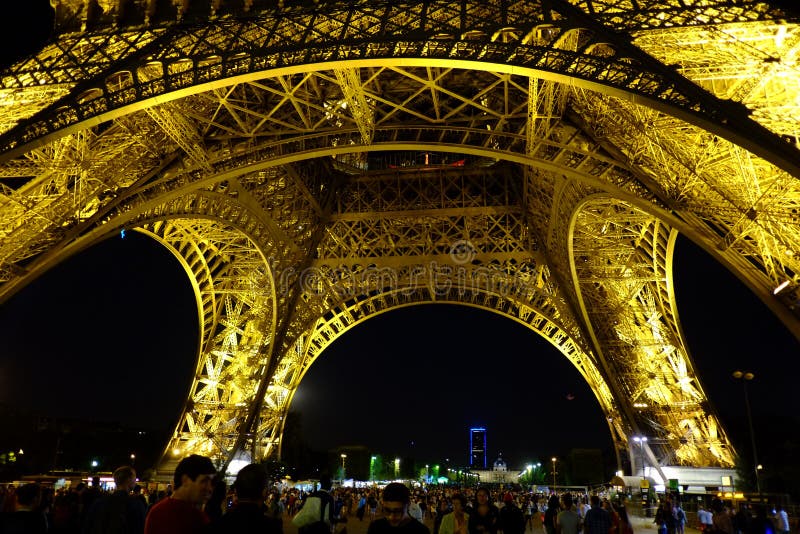 Eiffel Tower Bottom View with Lights at Night Editorial Stock Photo ...