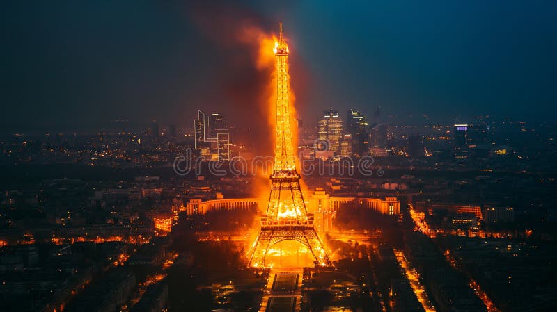 Eiffel Tower on fire stock photo. Image of france, flame - 320877824