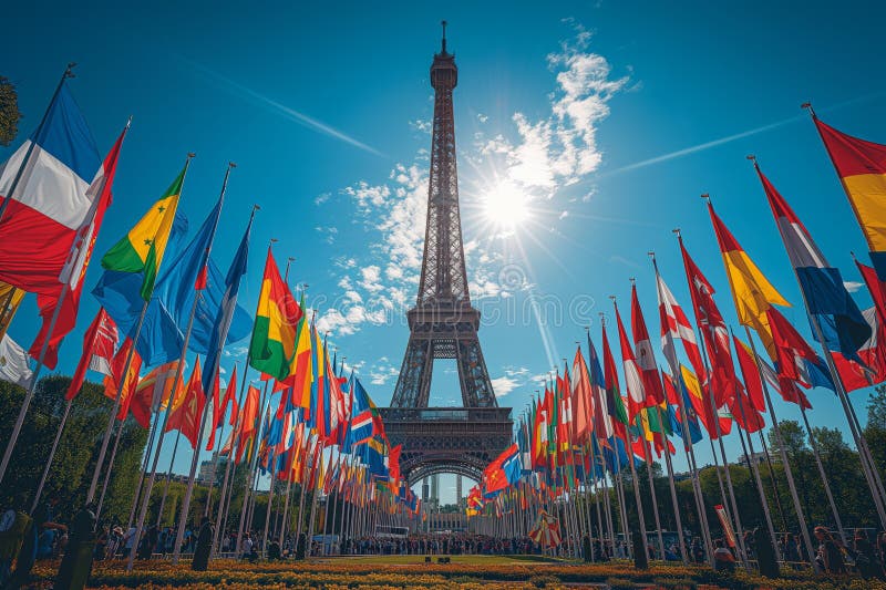 Eiffel Tower with Flags of World on Blue Sky Background on Sunny Day ...