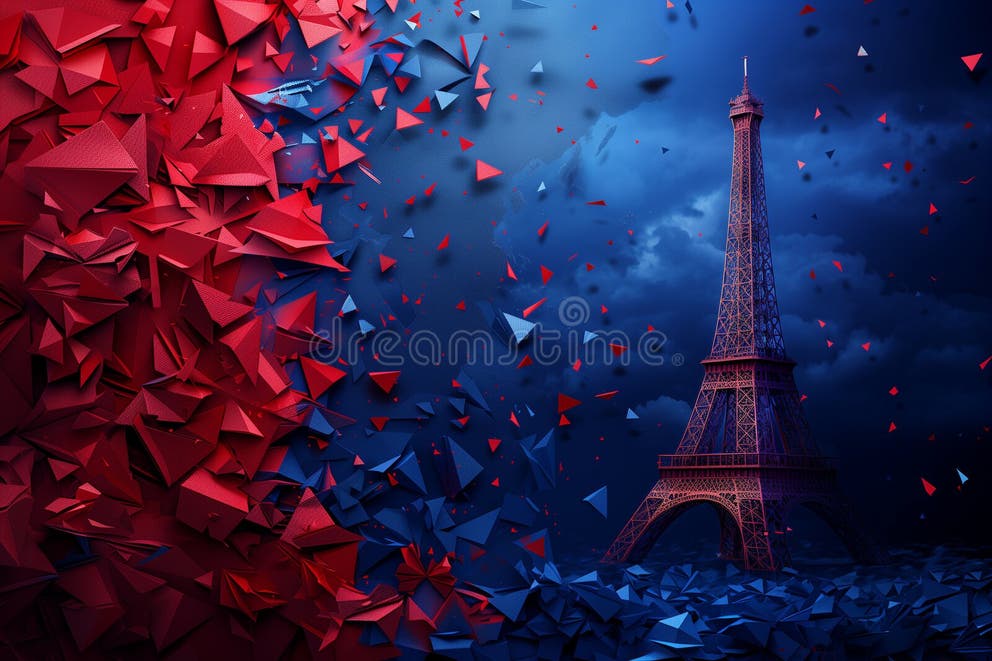 Eiffel Tower at Night with Red and Blue Triangles Stock Photo - Image ...