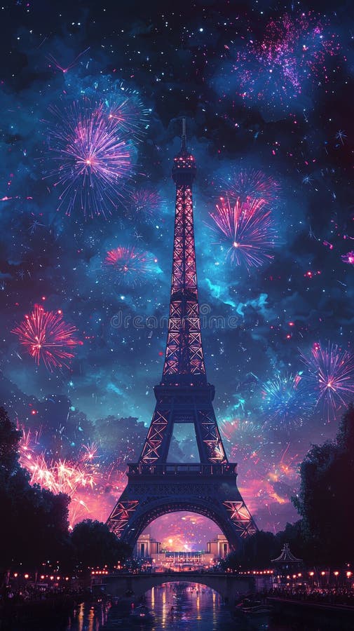 Eiffel Tower Night Scene with Vibrant Fireworks Display Over Paris ...