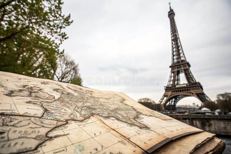 Eiffel Tower Over Old Adventure Map Background Stock Illustration ...