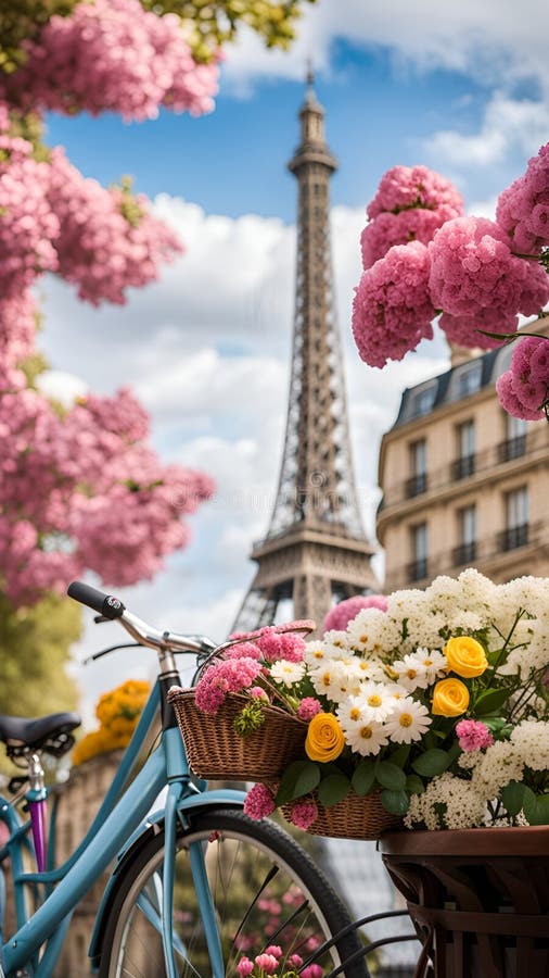 Eiffel Tower in Paris with Flowers and Bicycle Stock Illustration ...