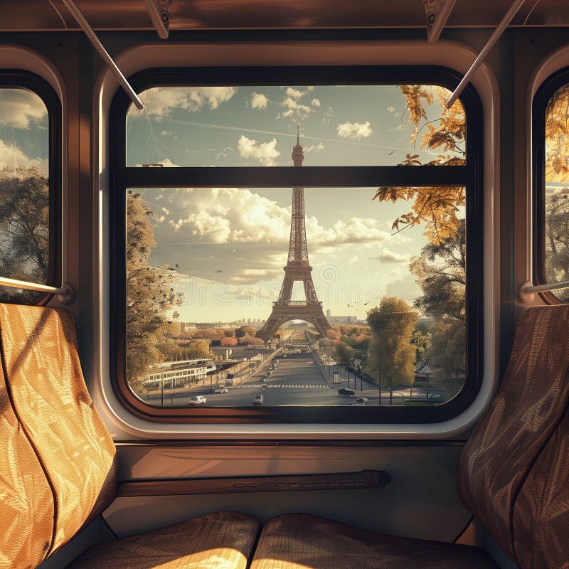 Eiffel Tower in Paris Seen from Train Window with Blue Sky and White ...
