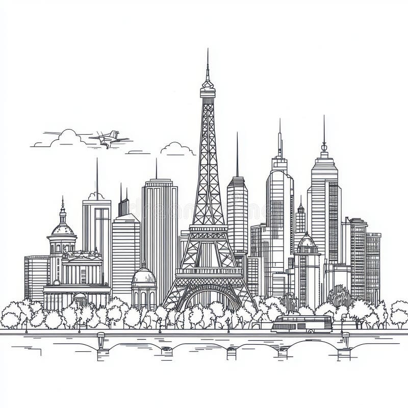 Eiffel Tower Paris Skyline Cityscape Airplane Bus Bridge Trees Stock ...