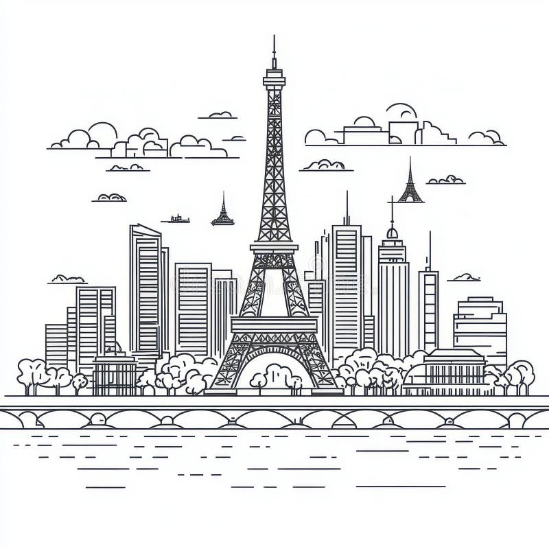 Eiffel Tower Paris Skyline Cityscape Line Art Minimalist Design Stock ...