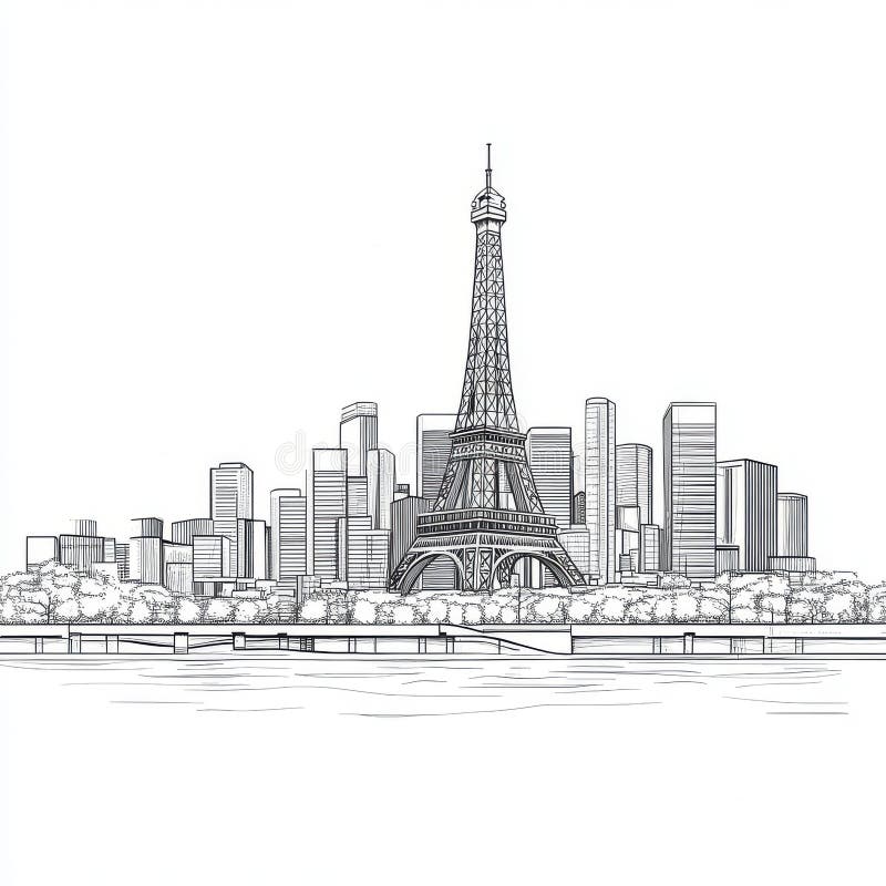 Eiffel Tower Paris Skyline Sketch Black and White Cityscape Drawing ...