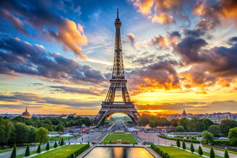 Eiffel Tower in Paris Wide Angle Evening Shot Stock Illustration ...